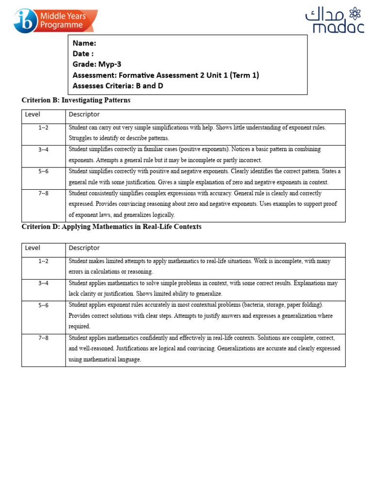 Formative Assessment 2 Term 1 MYP 3 (Criteria B and D) | PDF ...