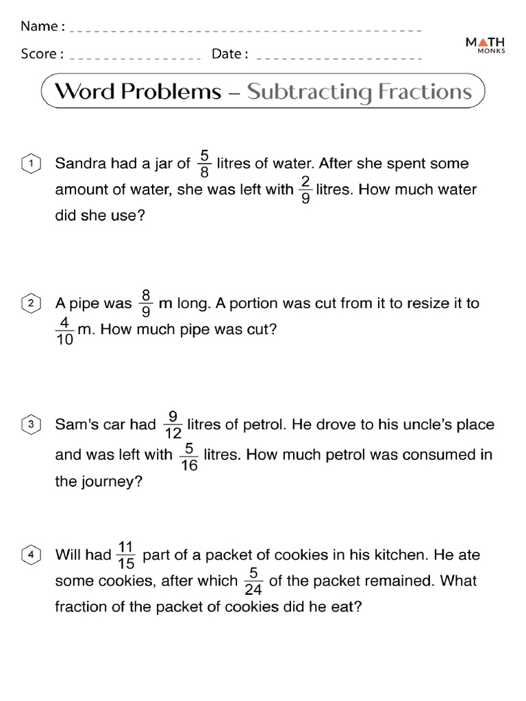 Subtracting Fractions Word Problems Worksheet | PDF