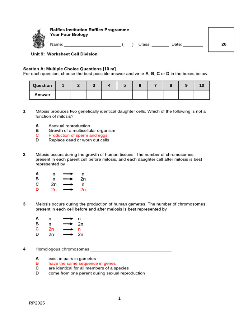 2026 WS Cell Division ANS | PDF