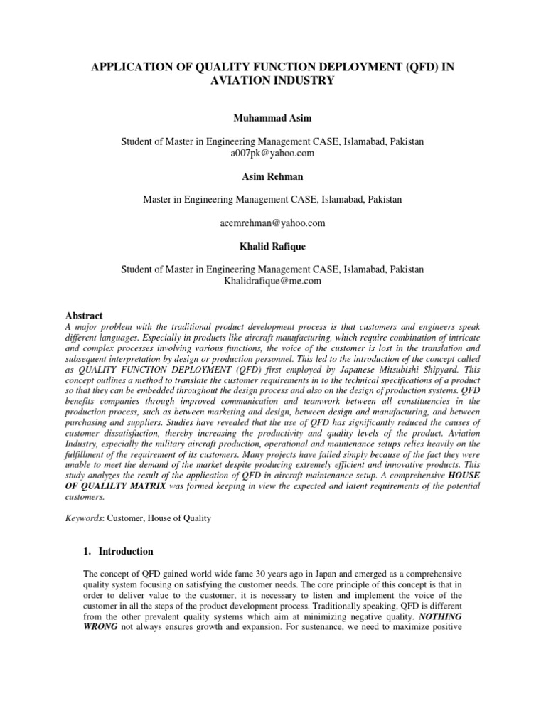QFD Application in Aviation Quality Management | PDF | Design | New ...