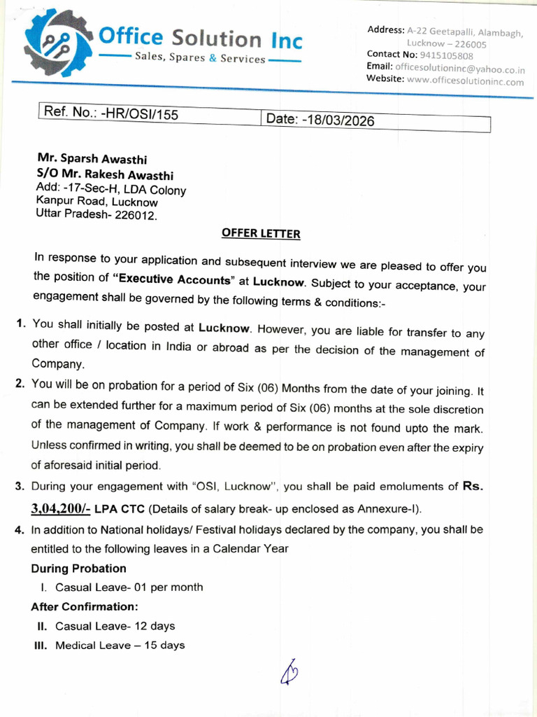 Sparsh Awasthi Offer Letter | PDF
