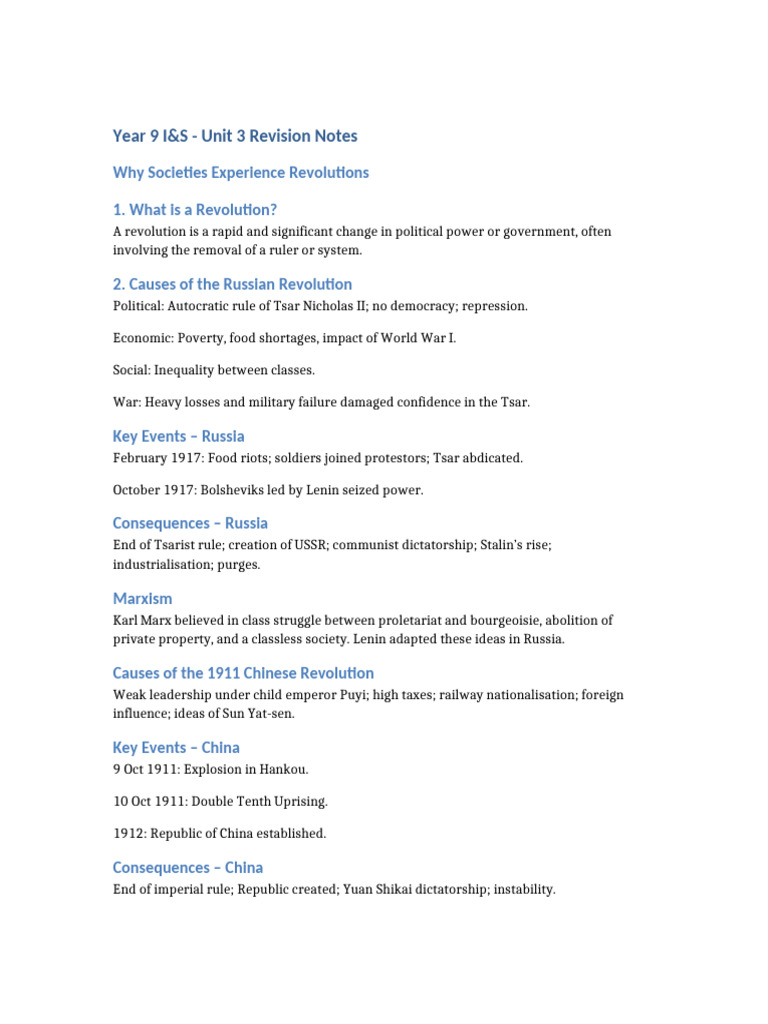 Year 9 Revolutions Revision Notes | PDF