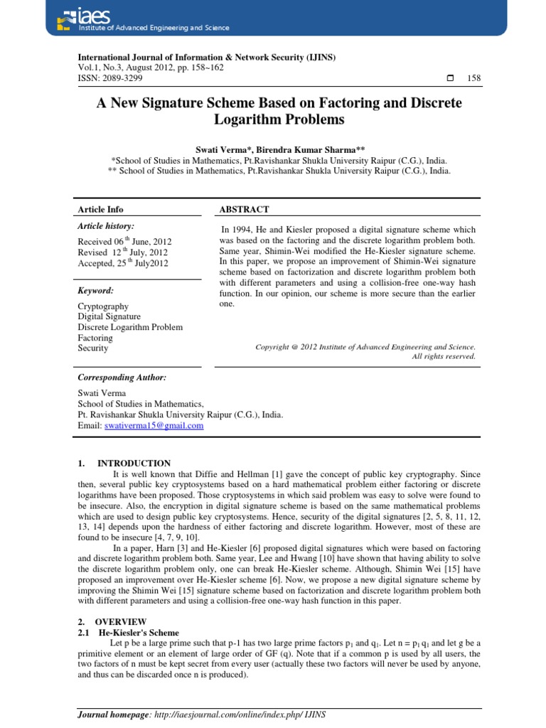 A New Signature Scheme Based On Factoring and Discrete Logarithm Problems | PDF | Public Key ...