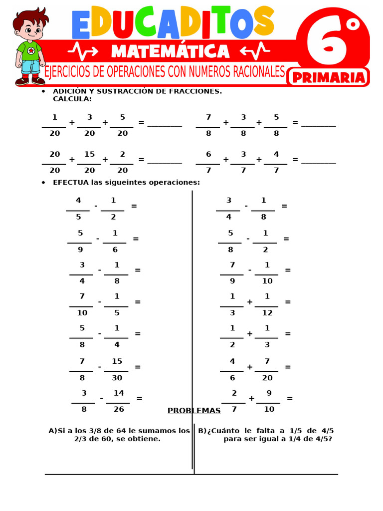 Ejercicios de Operaciones Con Numeros Racionales para Sexto Grado de ...