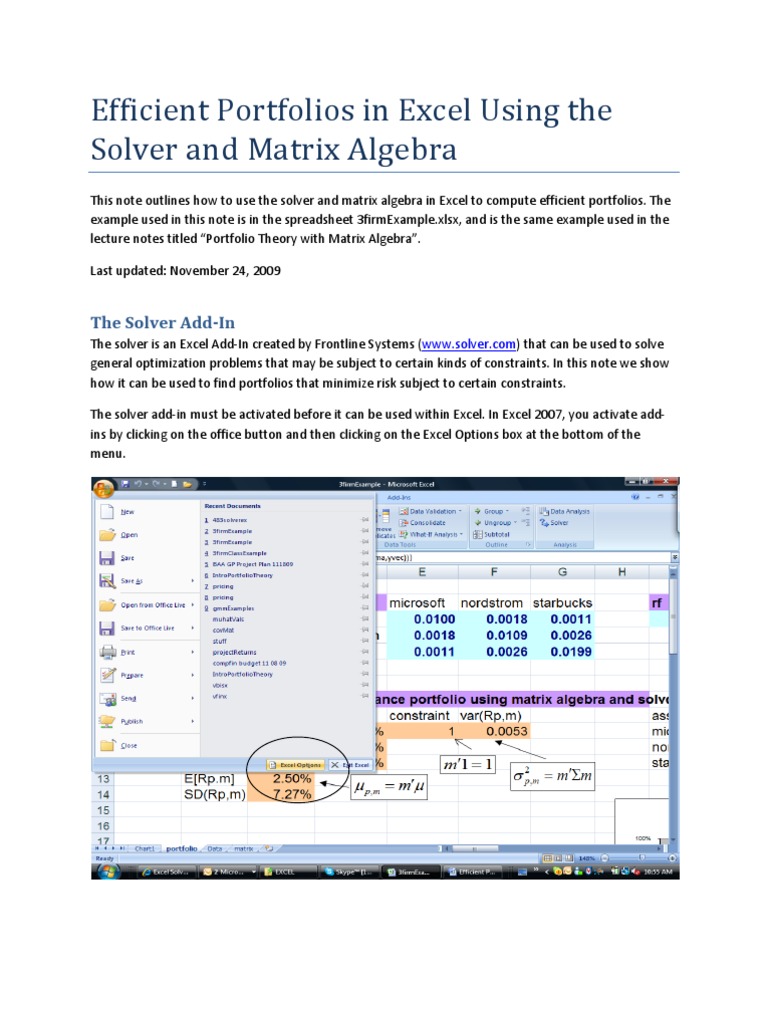 Excel Portfolio Optimization Guide | PDF | Microsoft Excel | Matrix ...
