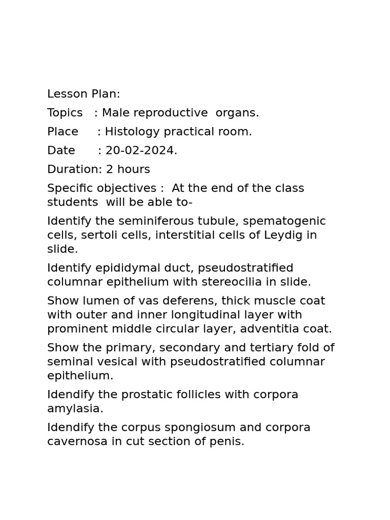 Lesson Plan (Male Reproductive System) | PDF