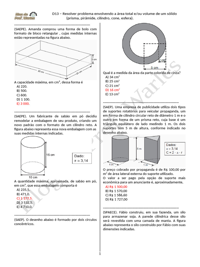 D13 (3 Série - EM - Mat.) - Blog Do Prof. Warles | PDF