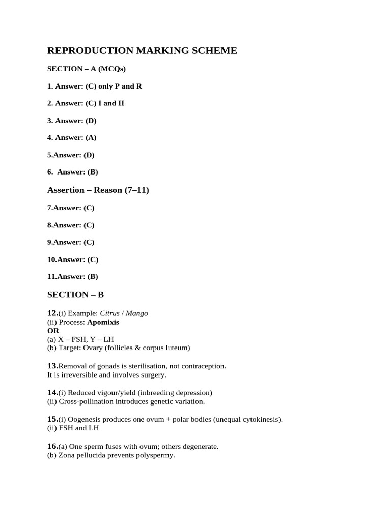 Reproduction Marking Scheme | PDF | Luteinizing Hormone | Pollen