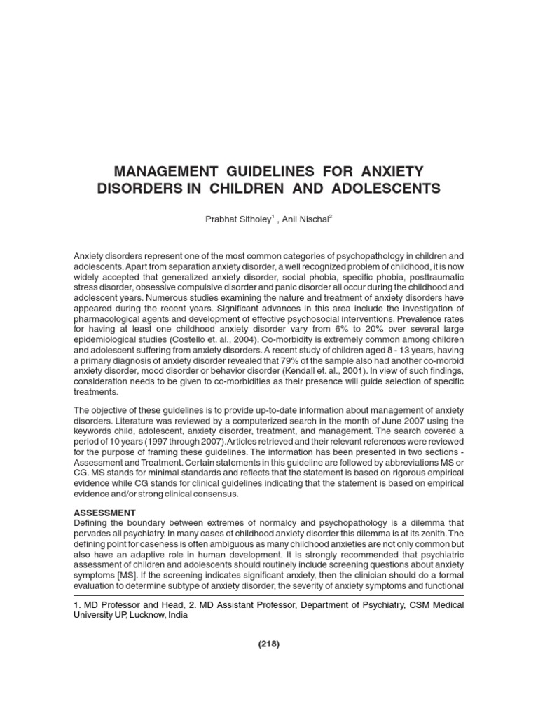 Management Guidelines For Anxiety Disorders in Children and Adolescents ...