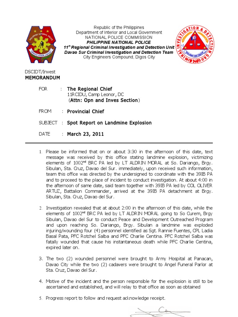 Spot Report: Landmine Explosion Incident | PDF