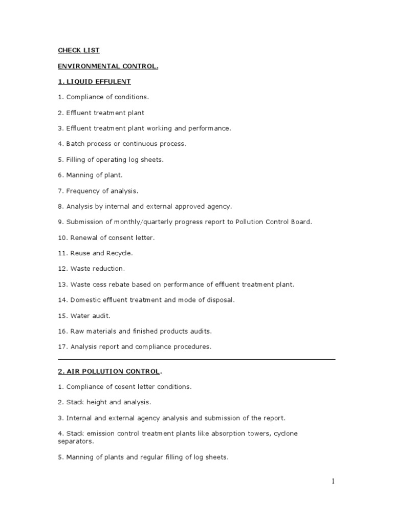 Check List For Pollution Control | PDF | Waste | Waste Management