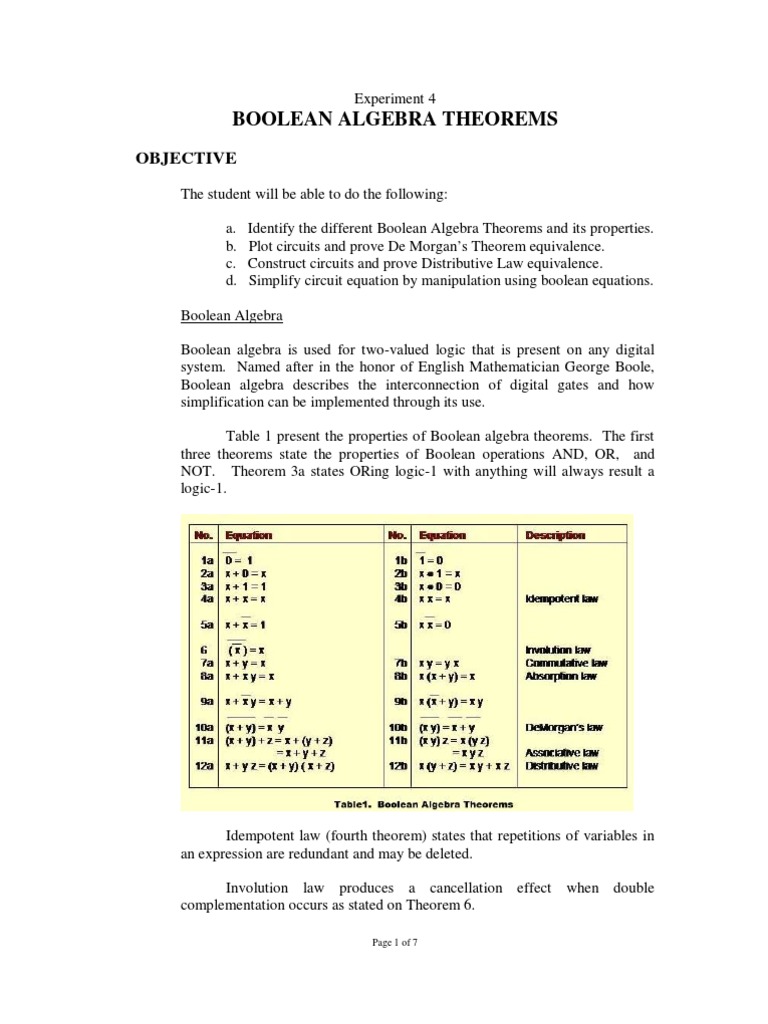 Boolean Theorems Experiment 4 Pdf Boolean Algebra Teaching
