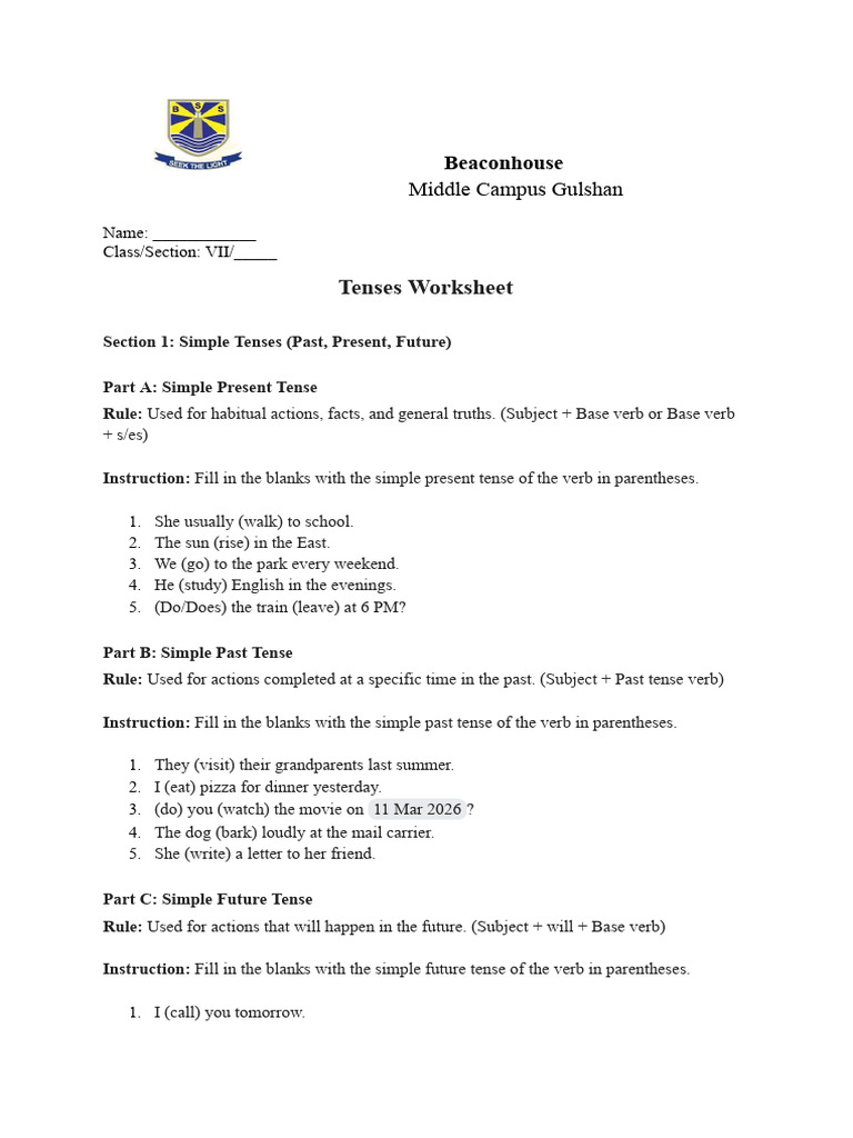 Tenses Worksheet - Grade 7 | PDF | Grammatical Tense | Perfect (Grammar)