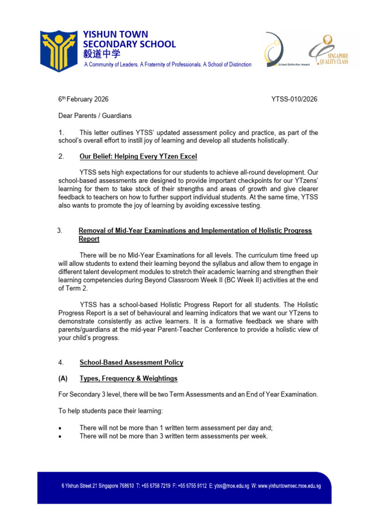 2026 Sec 3 Assessment Letter To Parents - 20260207 - 084353 | PDF