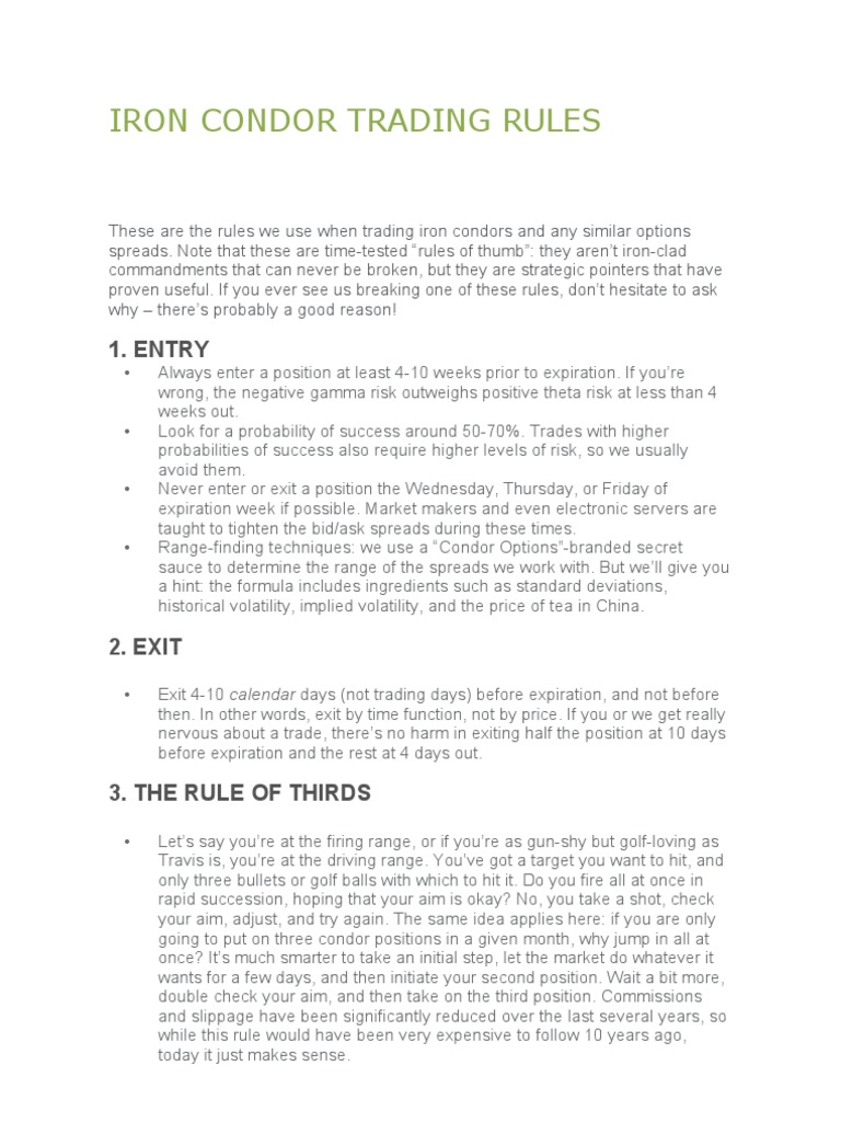 Iron Condor Trading Rules | PDF | Volatility (Finance) | Greeks (Finance)