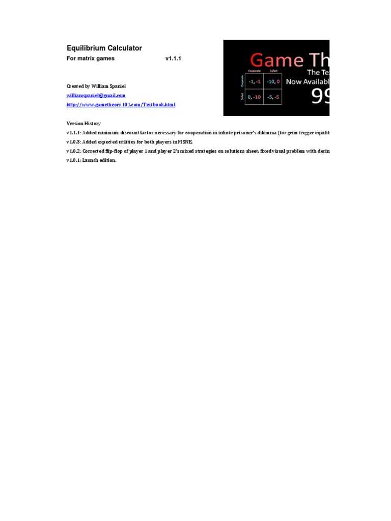 Game Theory Equilibrium Calculator | PDF | Mathematical And ...
