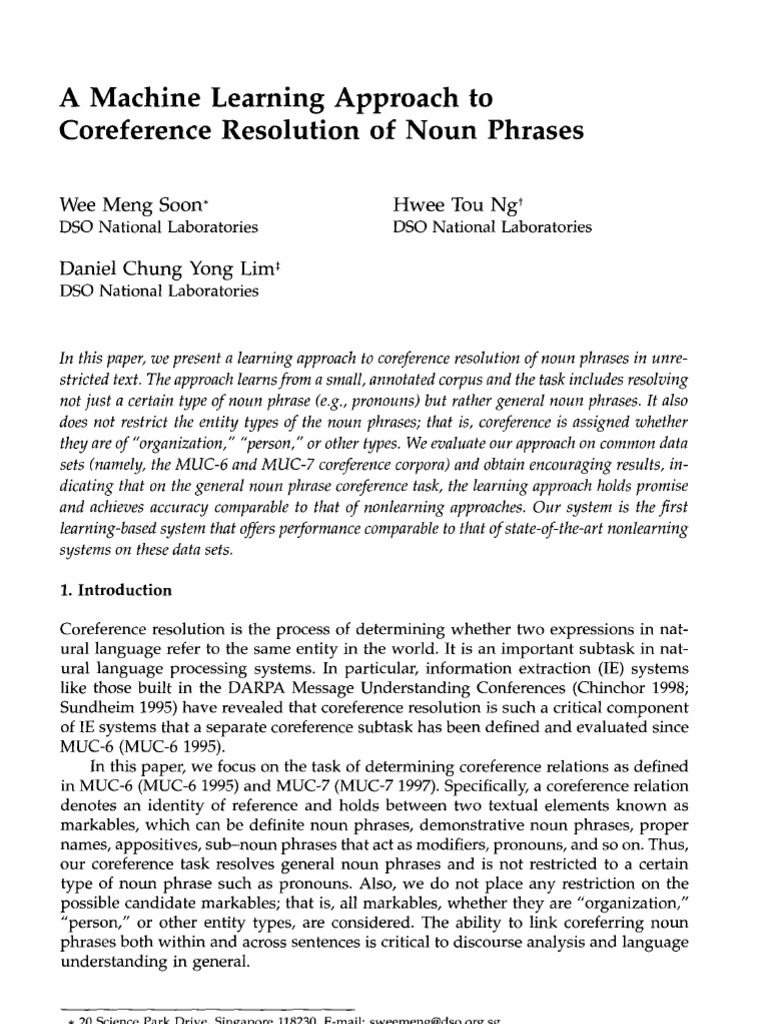 A Machine Learning Approach To Coreference Resolution of Noun Phrases ...