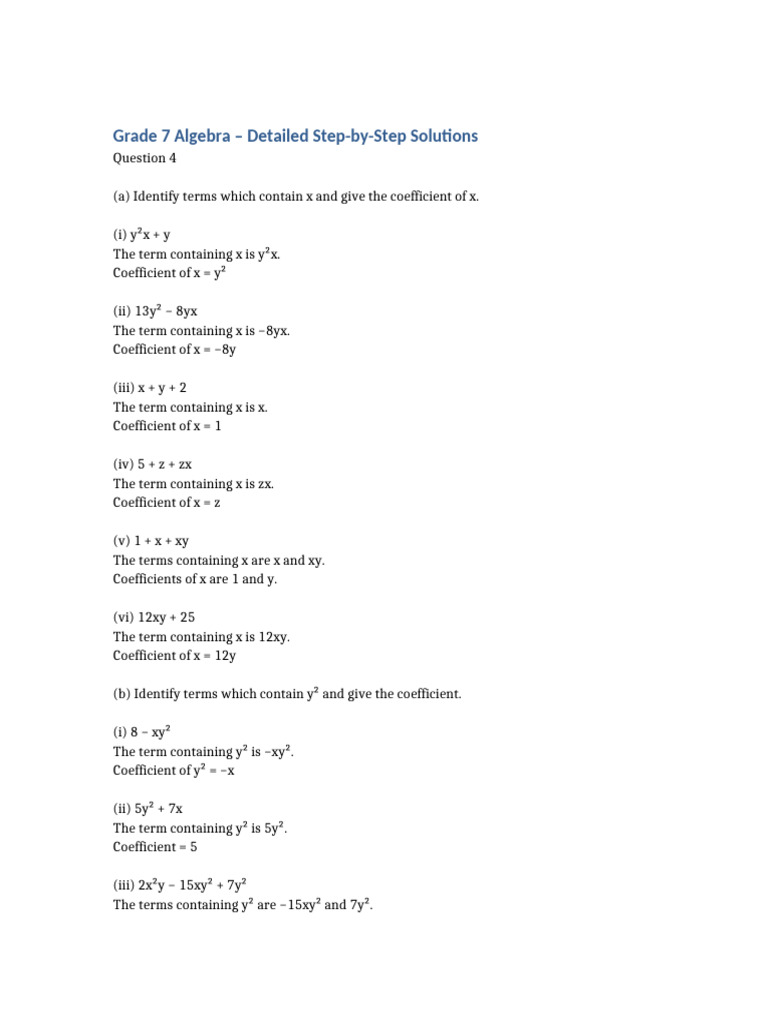 Grade 7 Algebra Detailed Solutions Expanded | PDF
