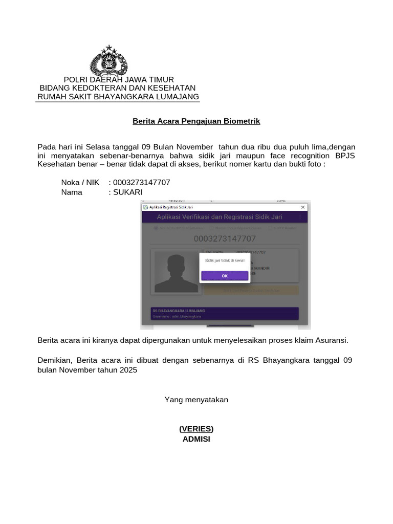 Berita Acara Biometrik Sukari | PDF