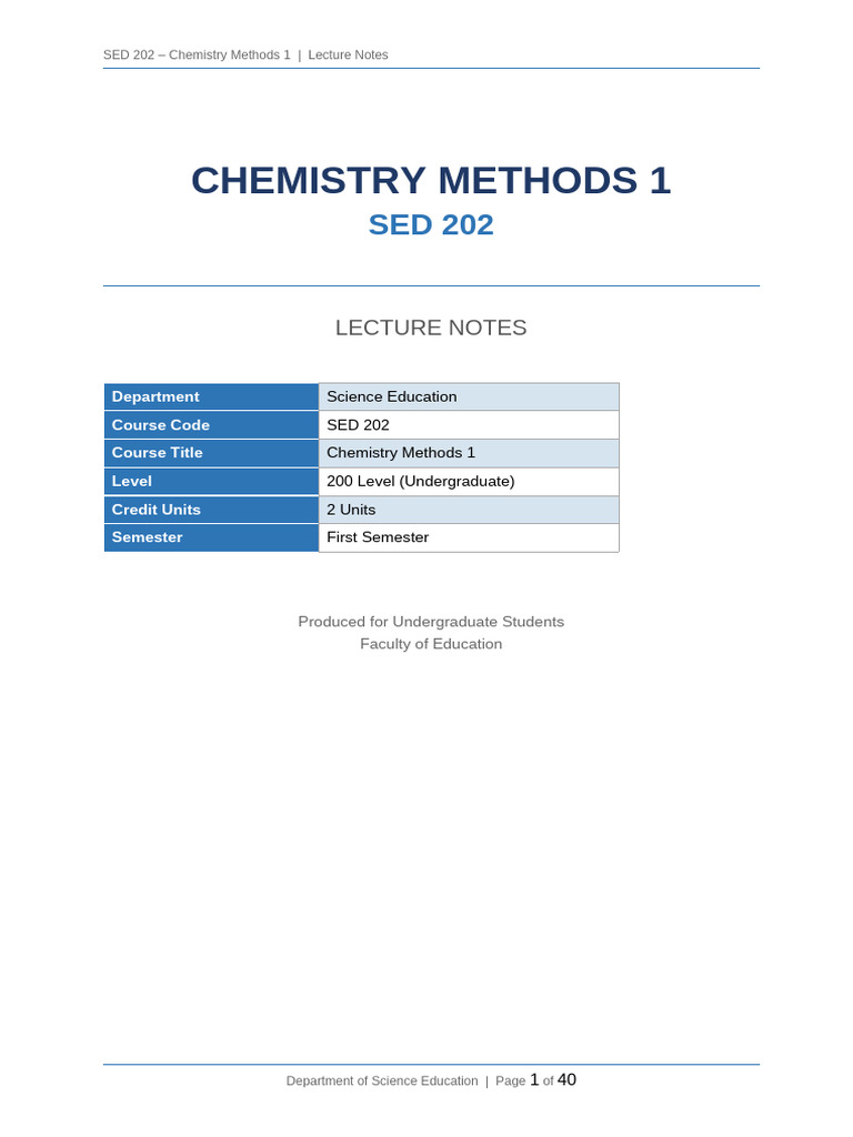 SED202 Chemistry Methods 1 v2 | PDF | Science Education | Curriculum