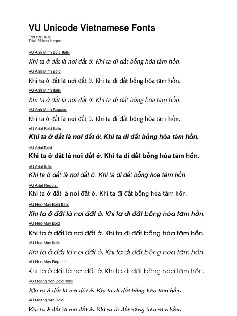 Mẫu font tiếng Việt Unicode VU - VU Unicode Vietnamese Fonts Sample | PDF