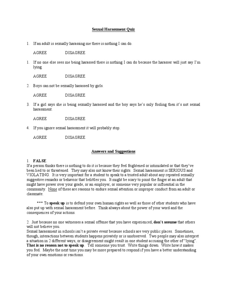 Sexual Harassment Quiz & Information Worksheet | Sexual Harassment ...