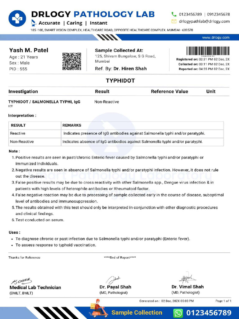 Typhidot Test Report Format Example Sample Template Drlogy Lab Report | PDF