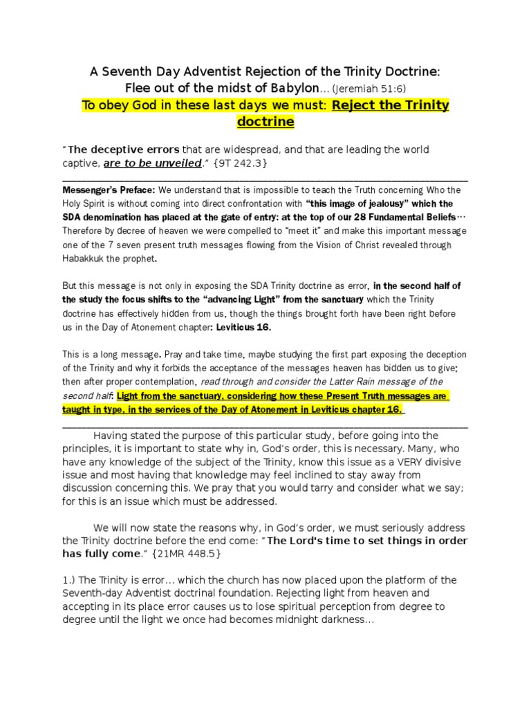 A Seventh Day Adventist Rejection of The Trinity Doctrine: Flee Out of ...