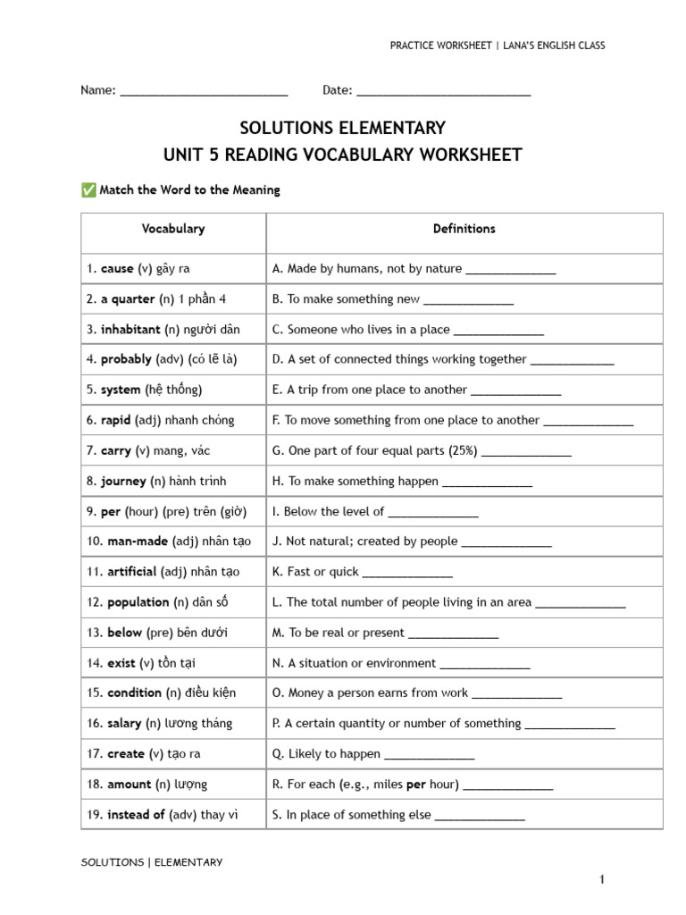 Unit 5_Reading Vocab Worksheet | PDF