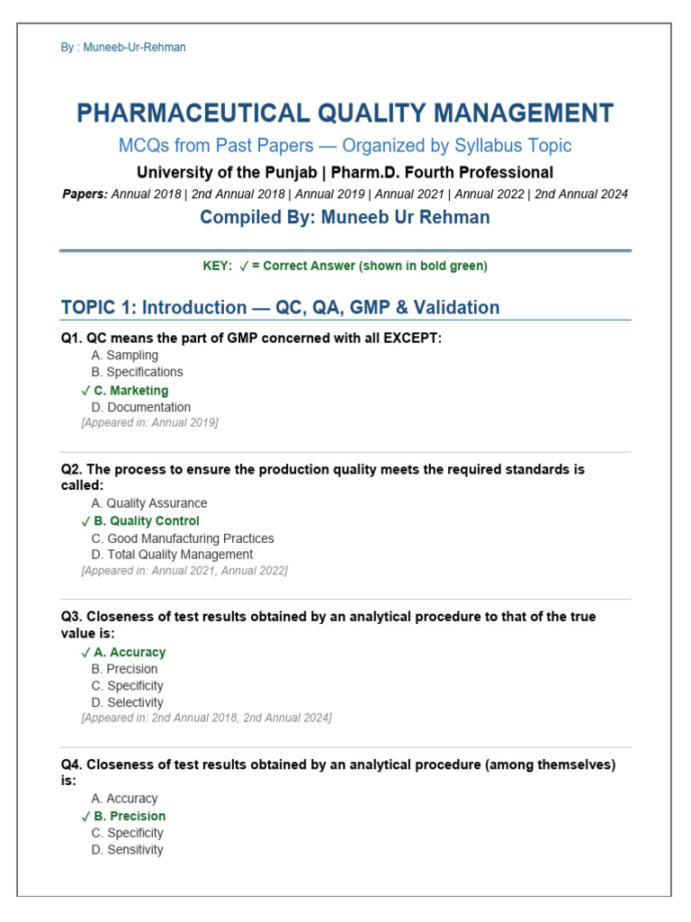 QC Topic Wise Past Paper Mcqs by Muneeb Ur Rehman | PDF | Tablet ...