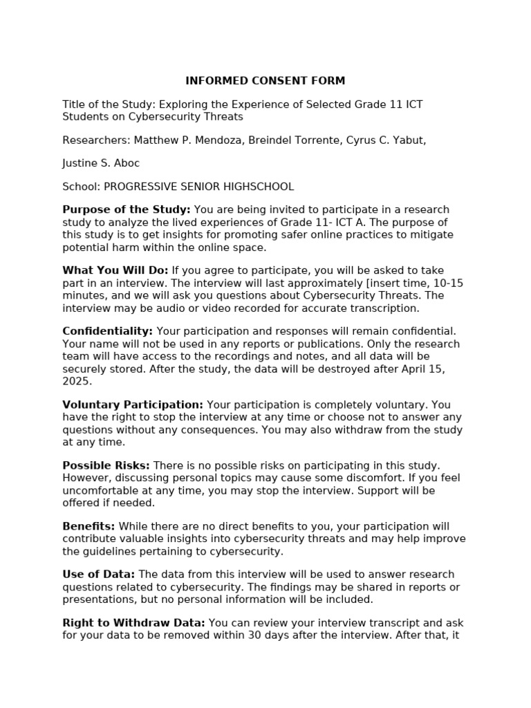 Informed Consent Form for Participation in a Qualitative Research ...