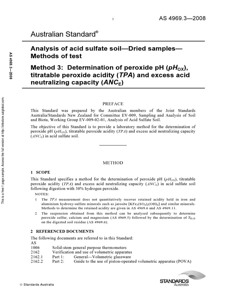 As 4969.3-2008 Analysis of Acid Sulfate Soil - Dried Samples - Methods ...