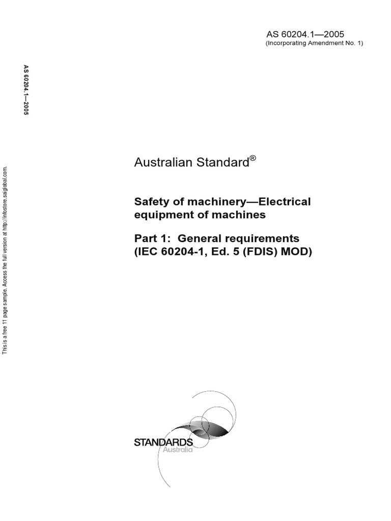 As 60204.1-2005 Safety of Machinery - Electrical Equipment of Machines ...