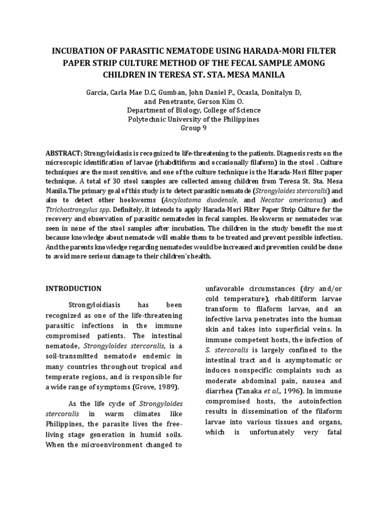 Incubation of Parasitic Nematode Using Harada-Mori Filter Paper Strip ...