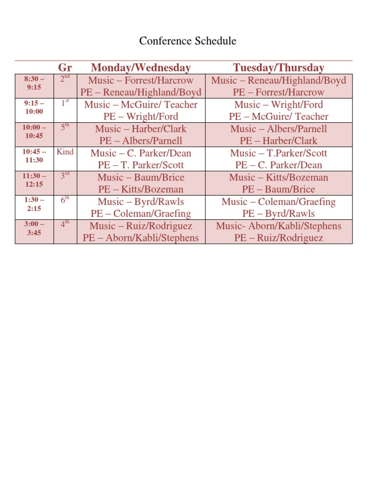Weekly Conference Schedule for Music & PE | PDF