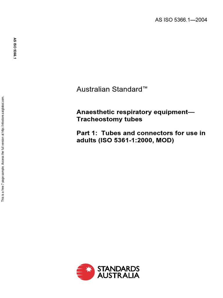As ISO 5366.1-2004 Anaesthetic Respiratory Equipment - Tracheostomy ...