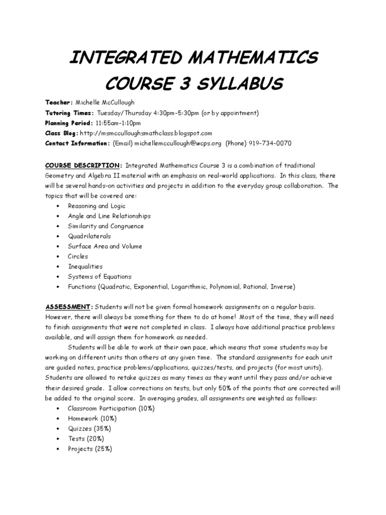 Integrated Mathematics Course 3 Syllabus | PDF | Homework | Teaching ...