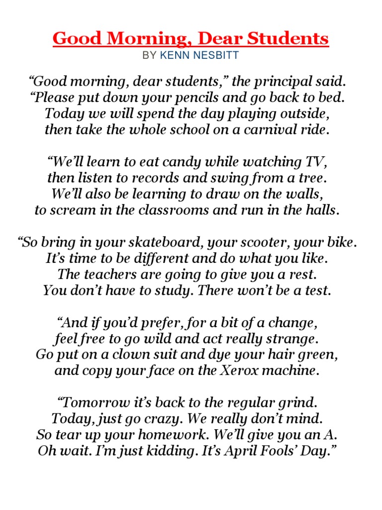 Good Morning, Dear Students Poem | PDF