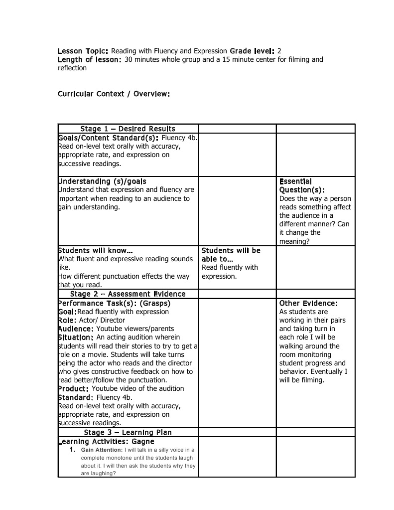 Fluency UBD Lesson Plan | PDF | Audition | Reading (Process)