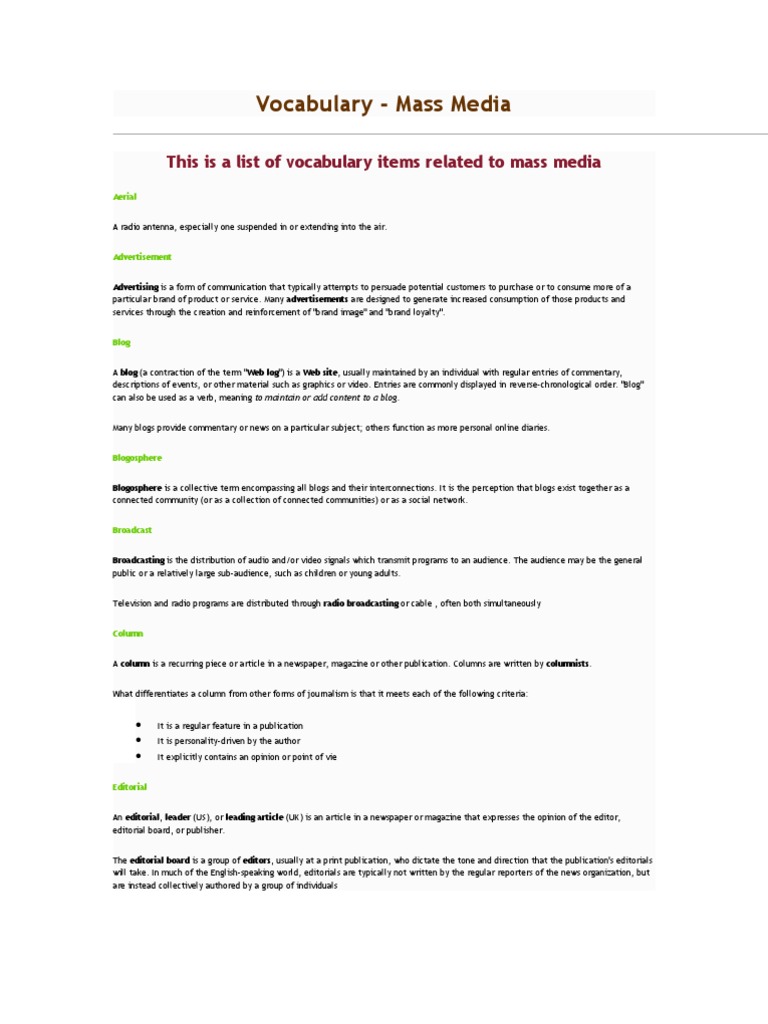 Mass Media Vocab | PDF | Journalism | Newspapers