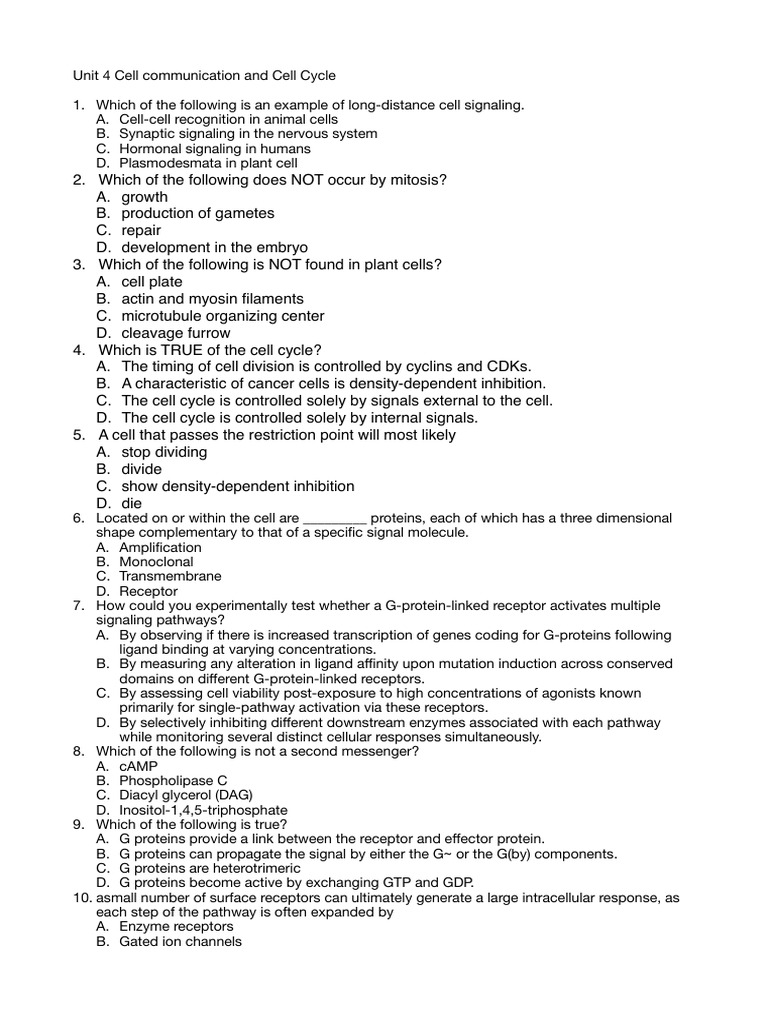 AP Bio unit 4 questions | PDF | Cell Signaling | Receptor (Biochemistry)