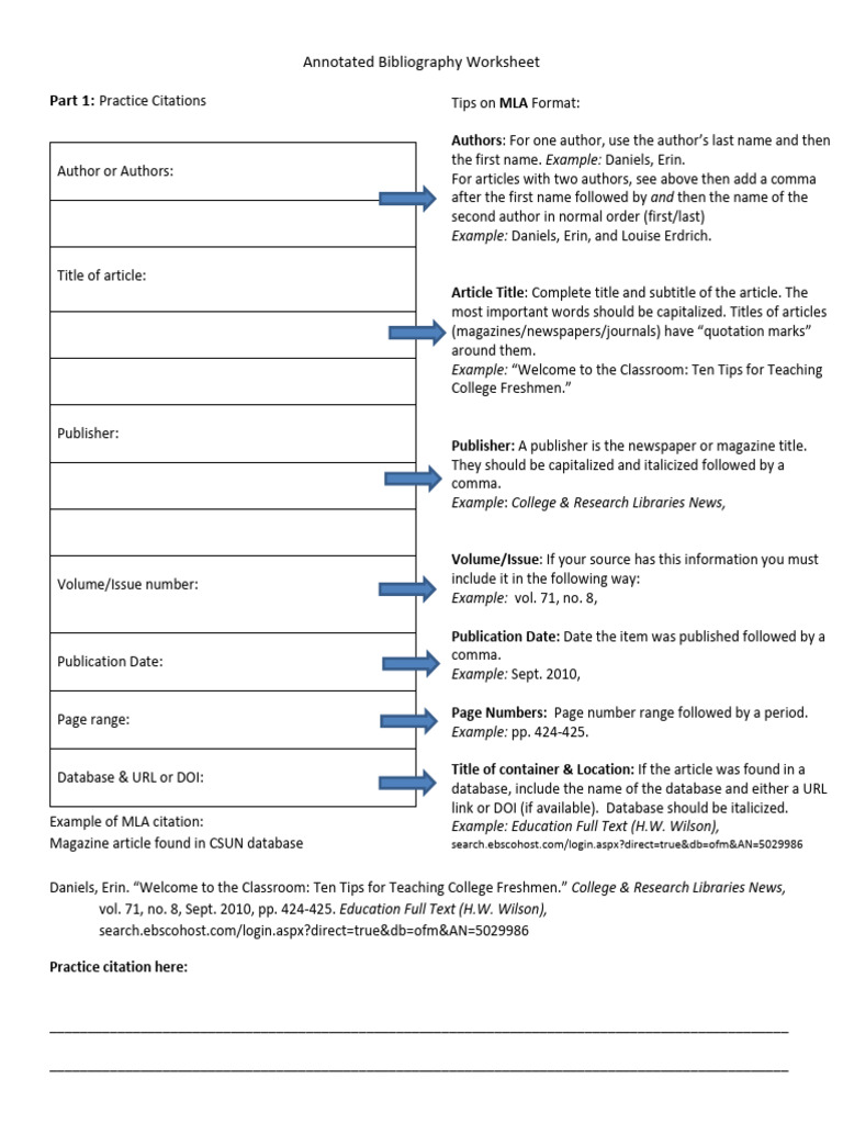 Annotated Bibliography Worksheet Mla (1) | PDF | Citation