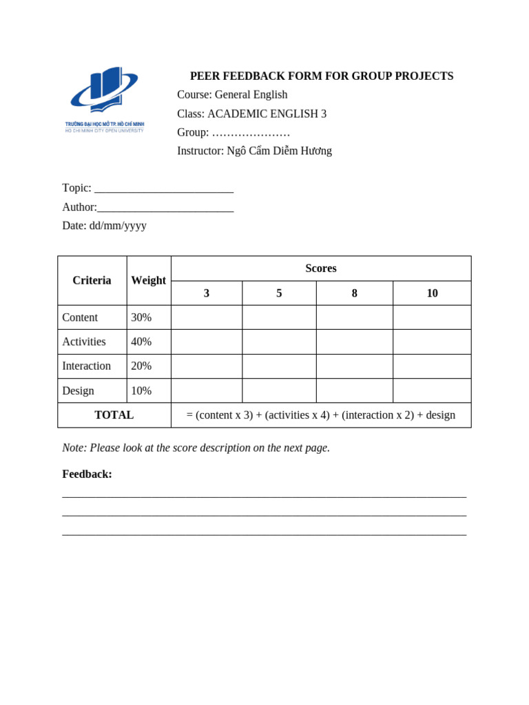 02. Peer Feedback Form for Group Projects | PDF