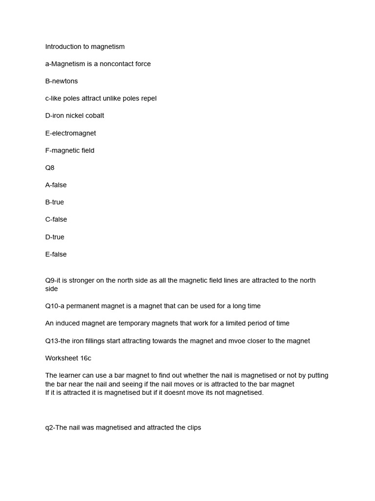 Answer Sheet Magnetism | PDF