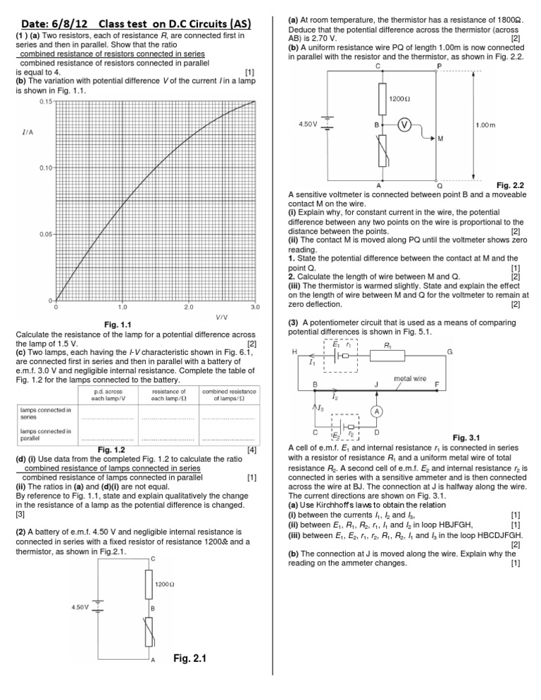 DC Circuits Class Test Ratio Resistances Series Parallel | PDF | Series ...
