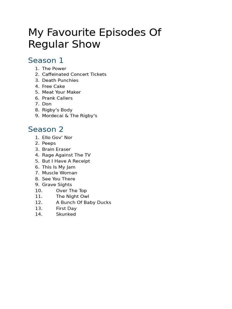 My Favourite Episodes Of Regular Show | PDF