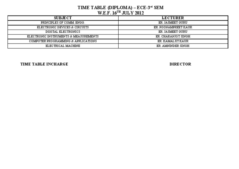 ECE 3rd Sem Diploma Time Table 2012 | PDF