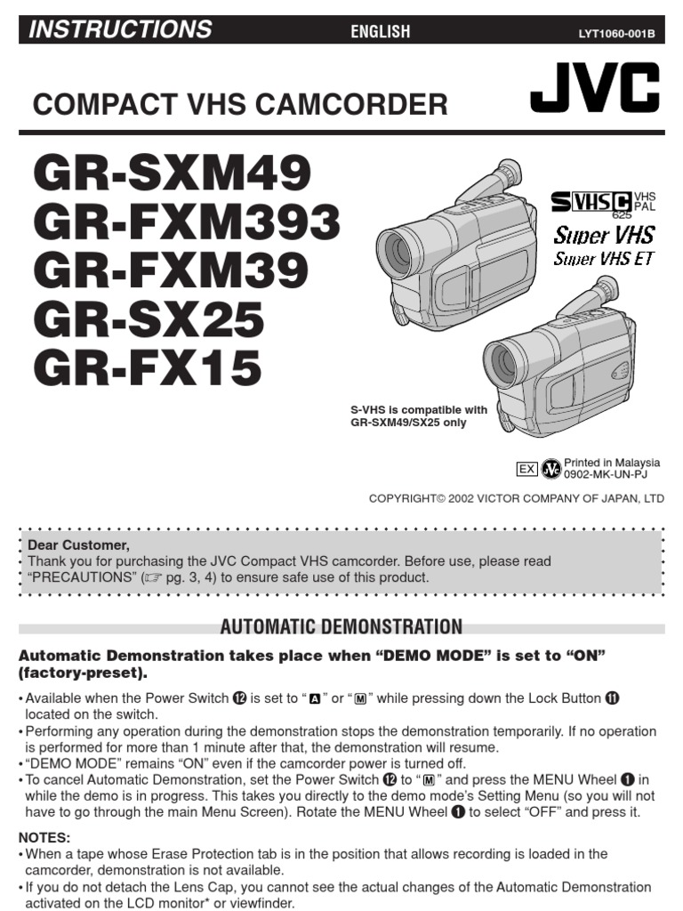 JVC CamCorder Manual | PDF | Videocassette Recorder | Compact Cassette