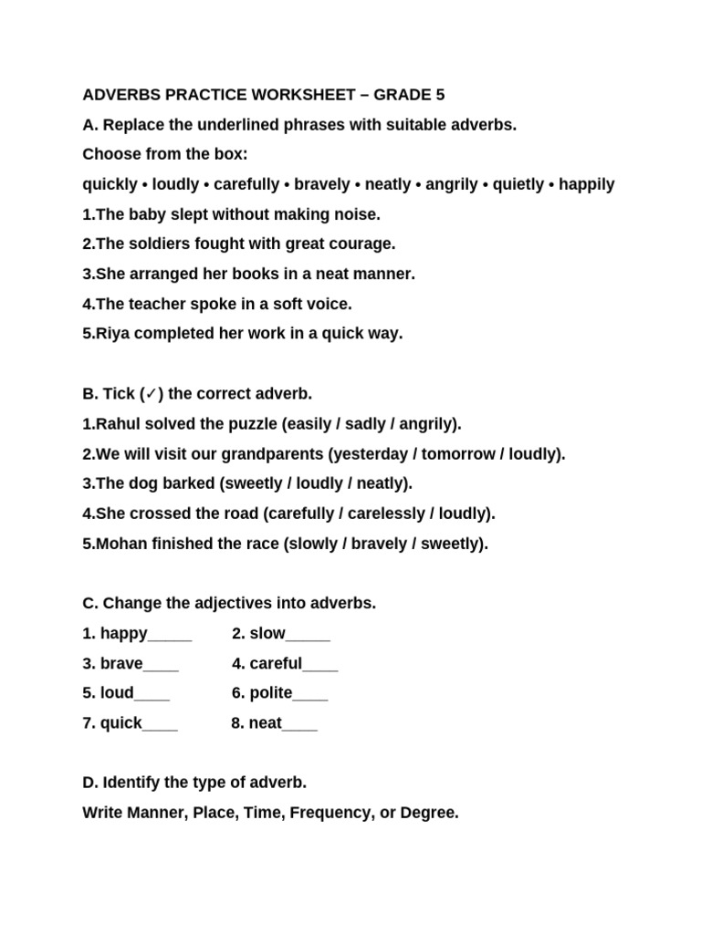 Adverbs Practice Worksheet | PDF