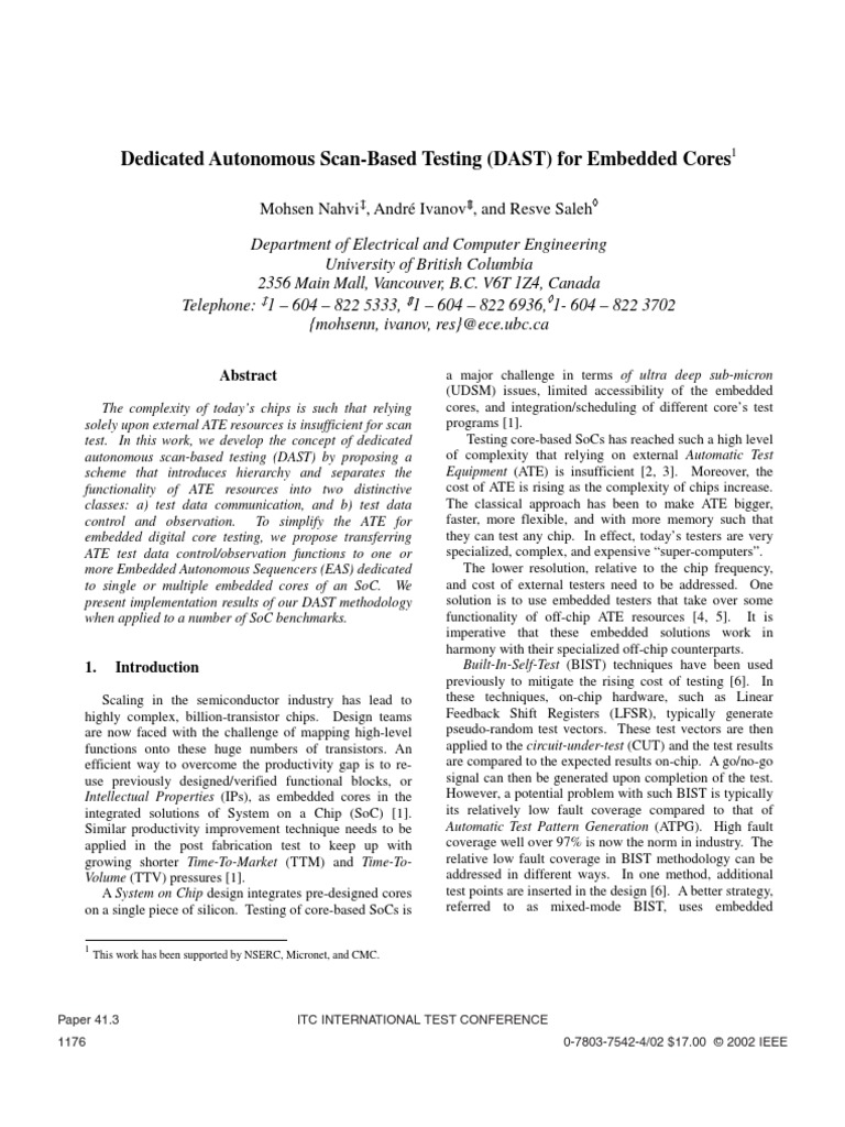 Dedicated Autonomous Scan-Based Testing (DAST) For Embedded Cores | PDF ...